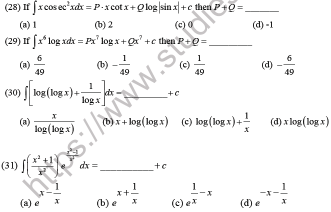 JEE Mathematics Indefinite Integrals MCQs Set C with Answers